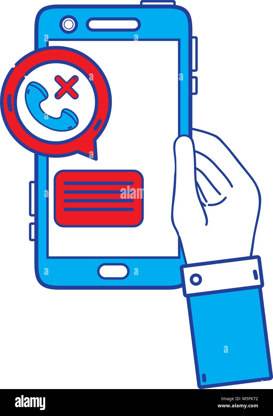full color hand with smartphone and lost call message vector ...