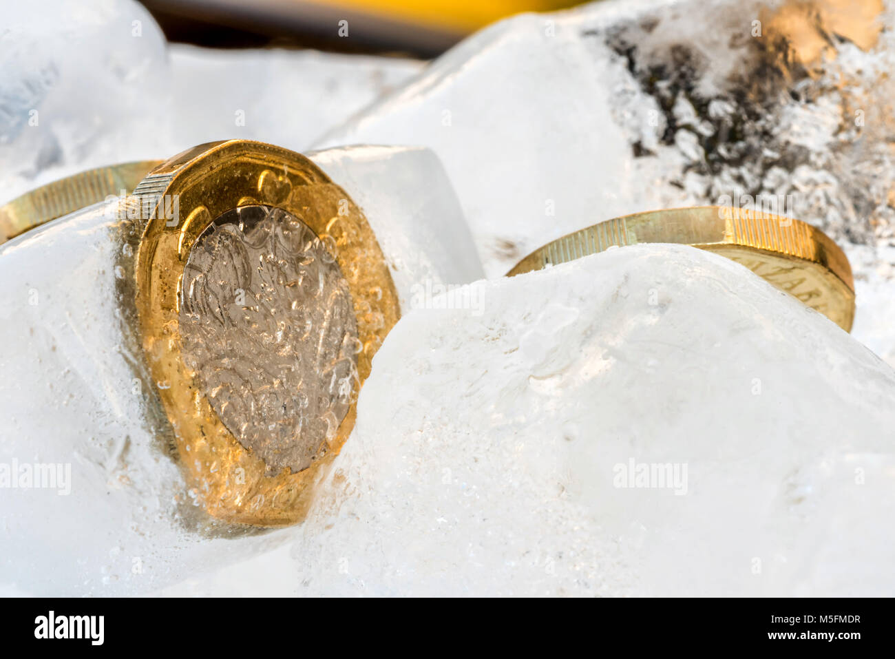 Frozen New British one pound sterling coin up close macro inside ice ...