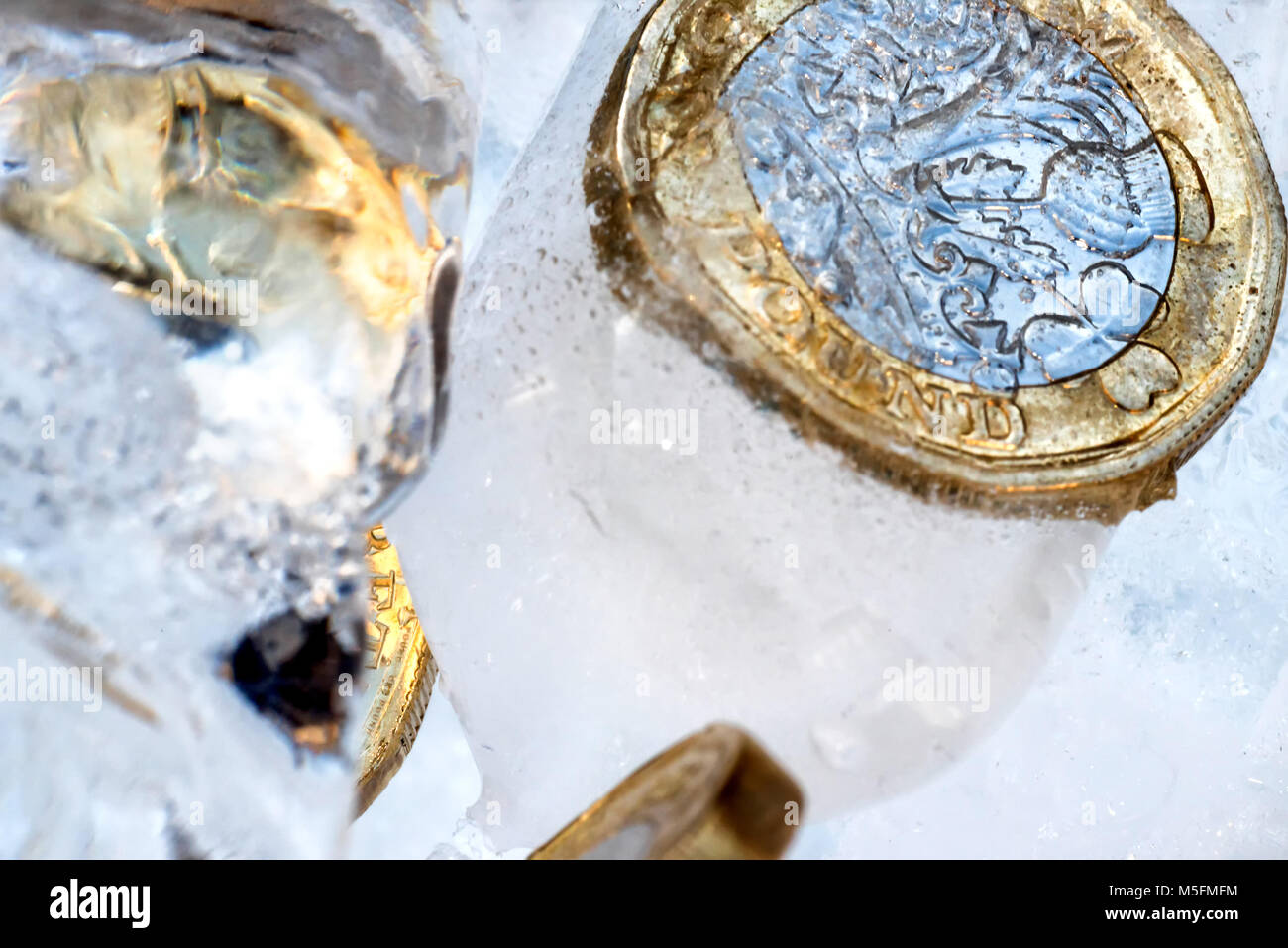 Frozen New British one pound sterling coin up close macro inside ice ...