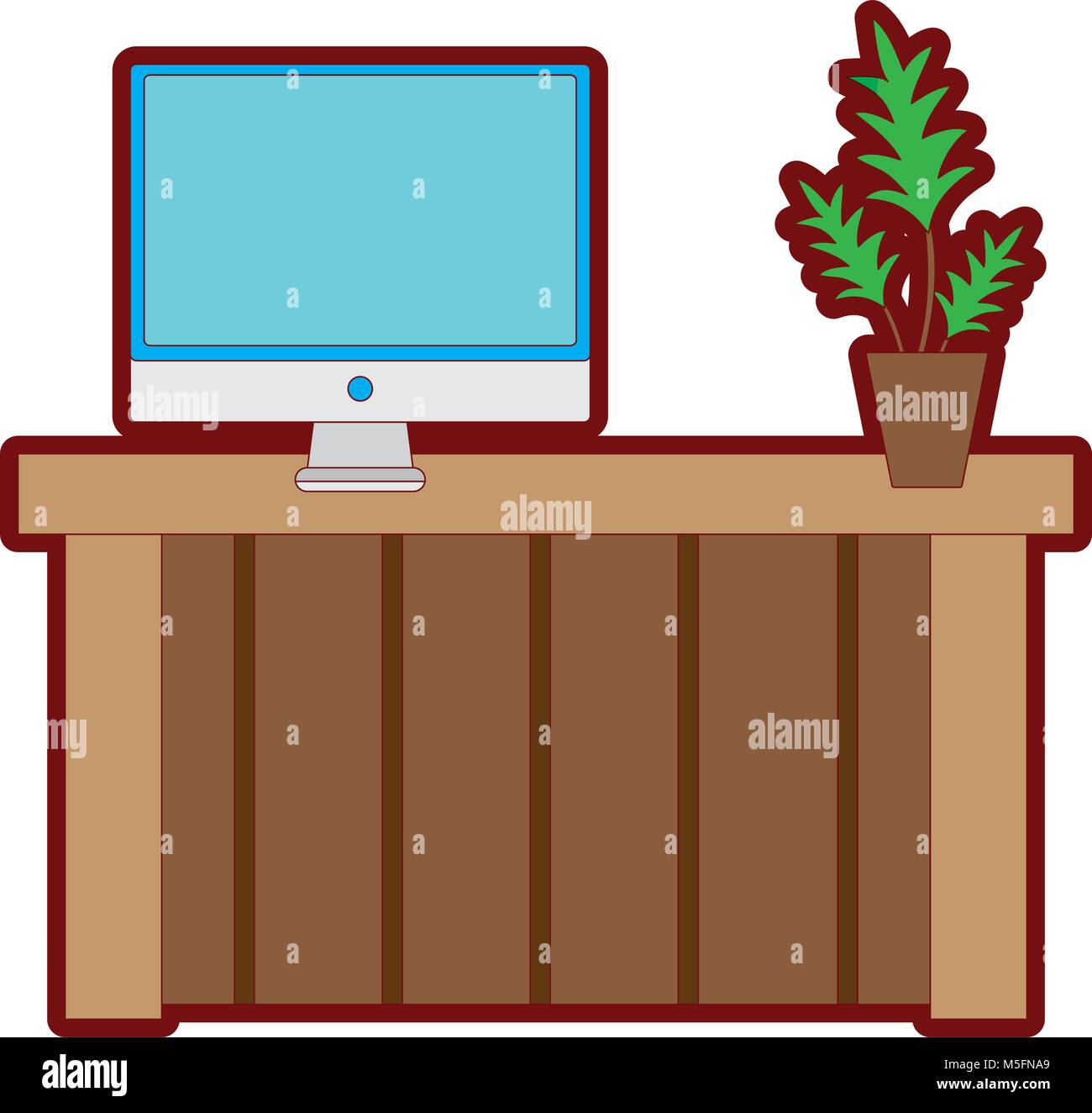 line color wood desk with computer screen and plant vector illustration ...