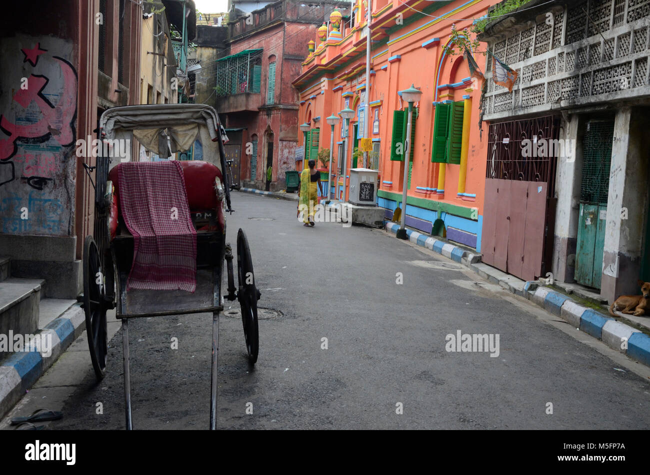 hand pulled rickshaw in narrow lane, Kolkata, West Bengal, India, Asia ...