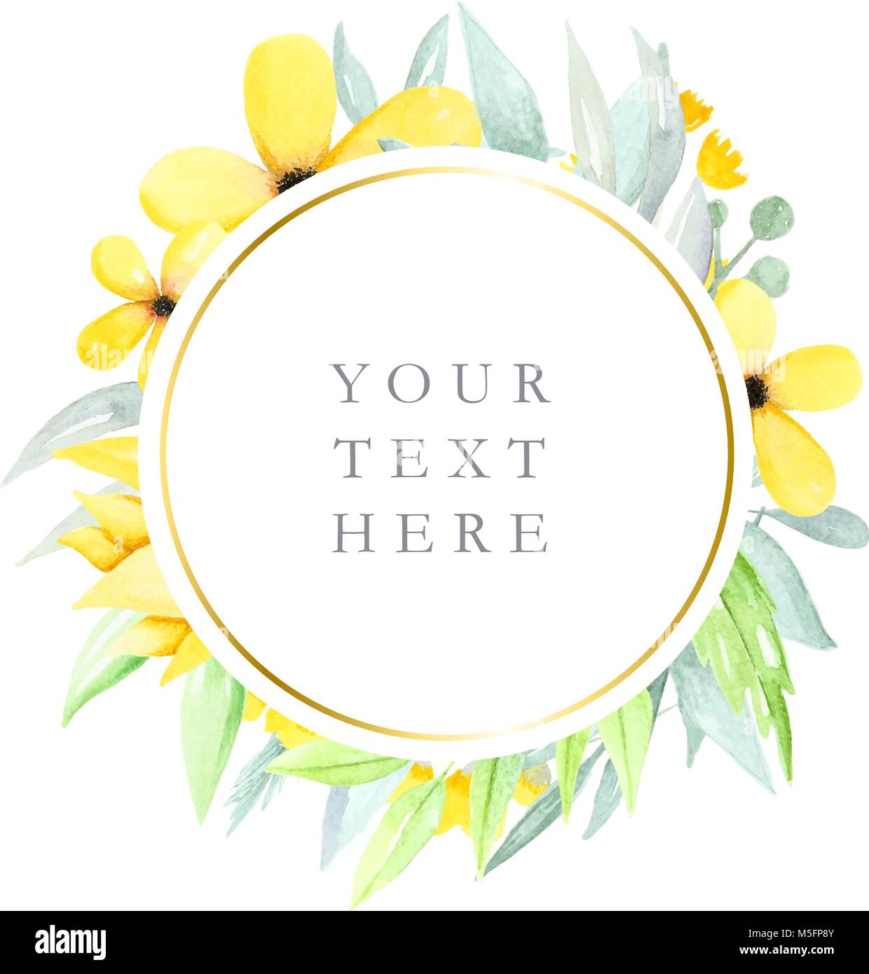 Round floral frame with watercolor flowers and leaves, yellow ...