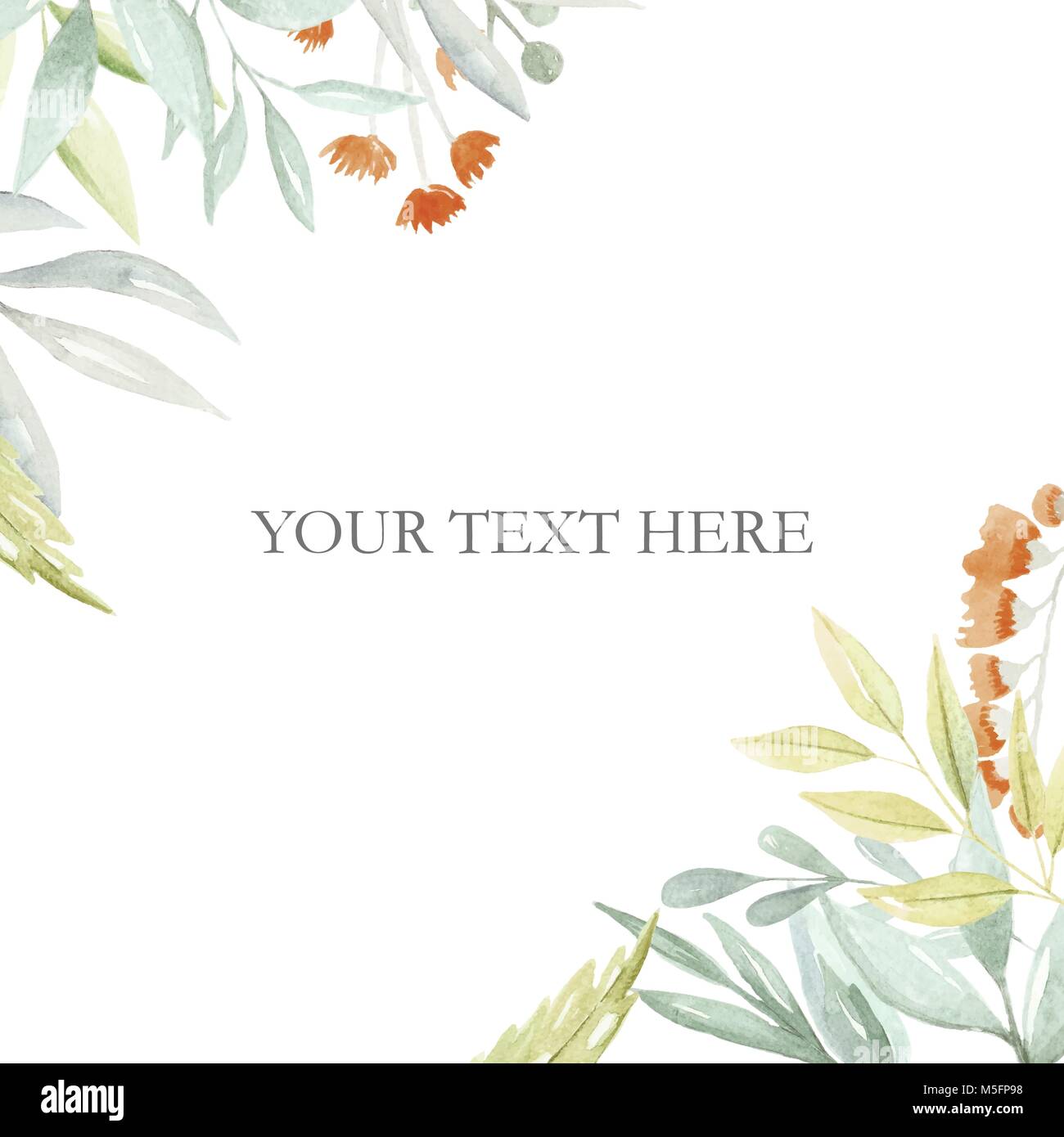 Square frame with hand drawn watercolor flowers and leaves, text ...