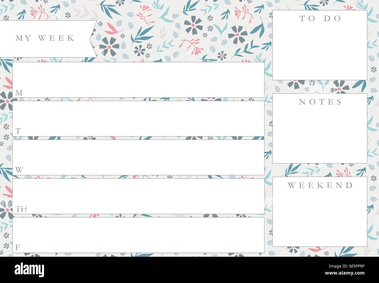 Weekly planner with blue an pink hand drawn flowers, stationery ...