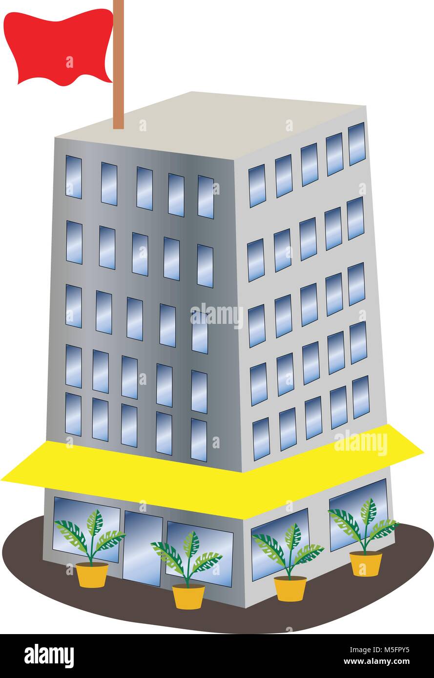A cartoon high rise building with a canopy and large plants and a red ...