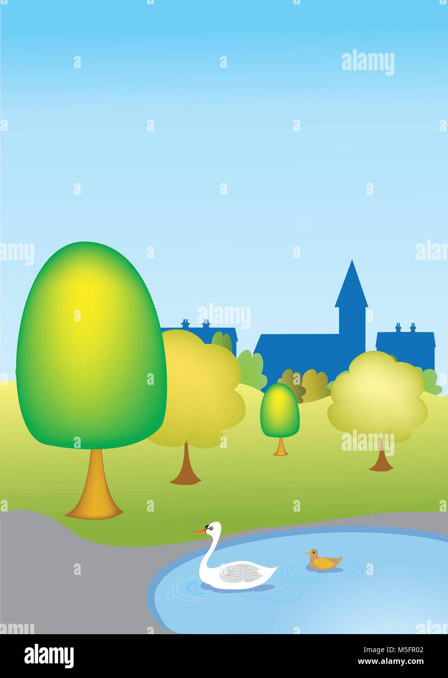 A cartoon ilustration of a park with a pond,a swan and a duck, several ...