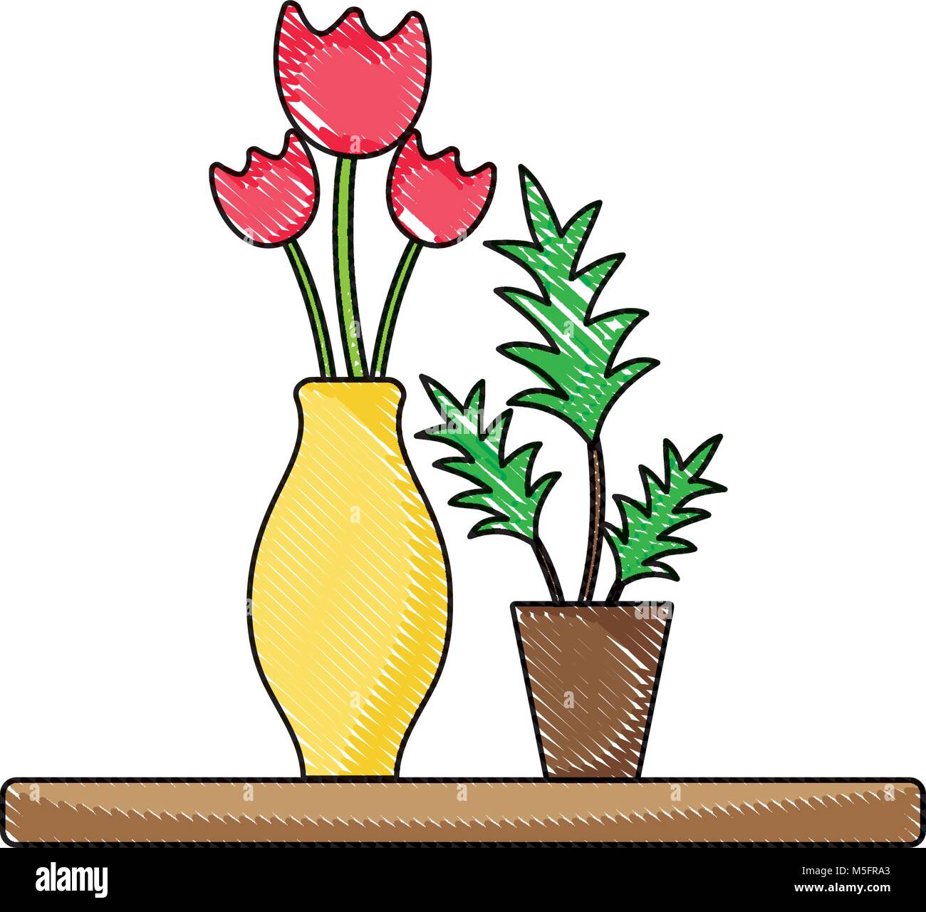 grated wood shelf with flowers inside jar and plants vector ...