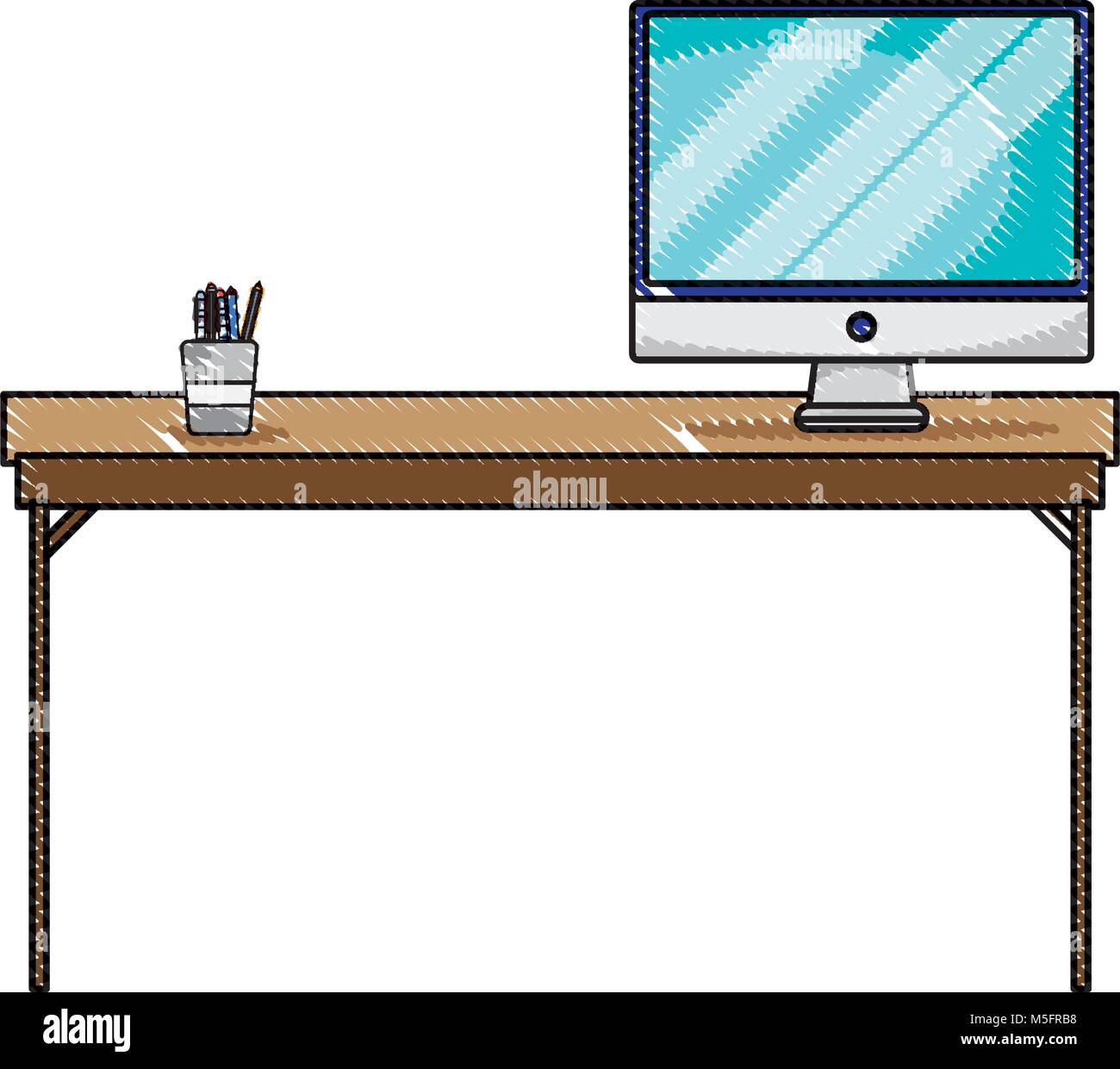 grated wood desk object with computer screen vector illustration Stock ...