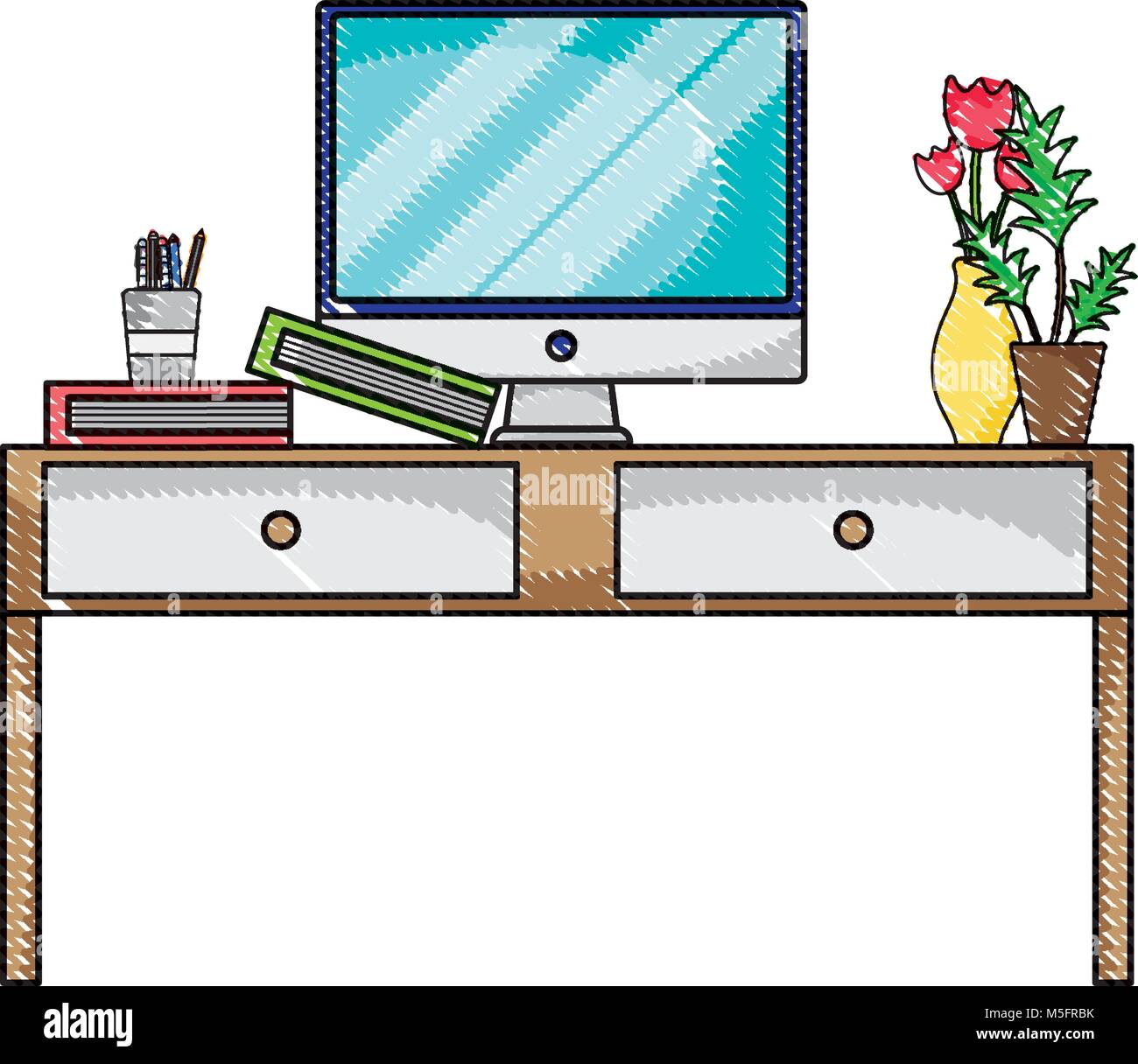 grated wood desk object with drawers and computer vector illustration ...