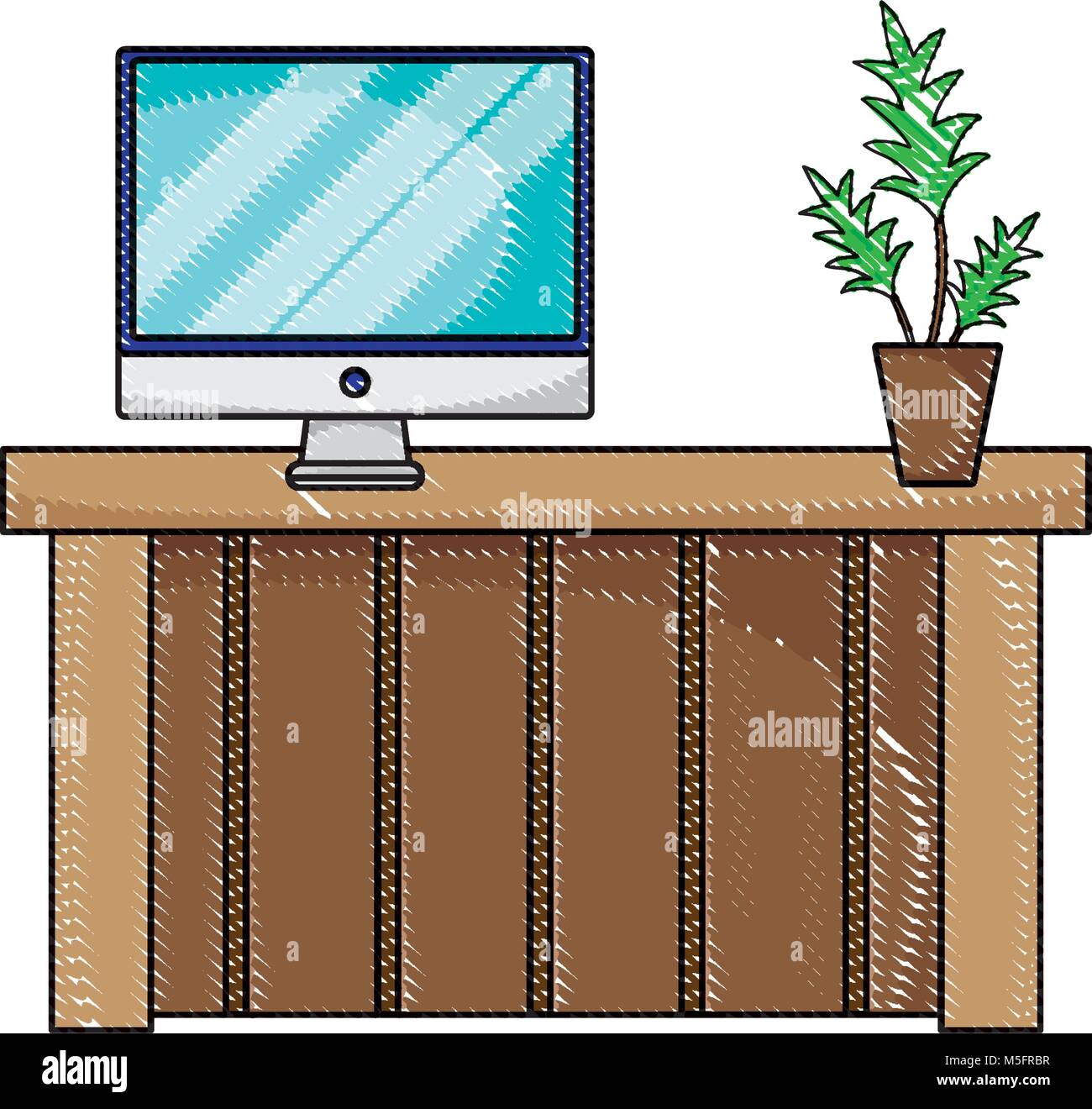 grated wood desk with computer screen and plant vector illustration ...