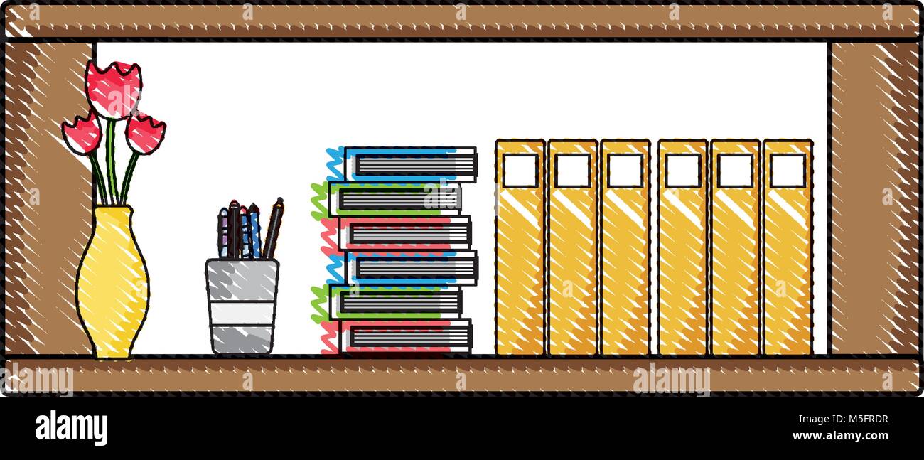 grated office shelf with books and folders documents vector ...