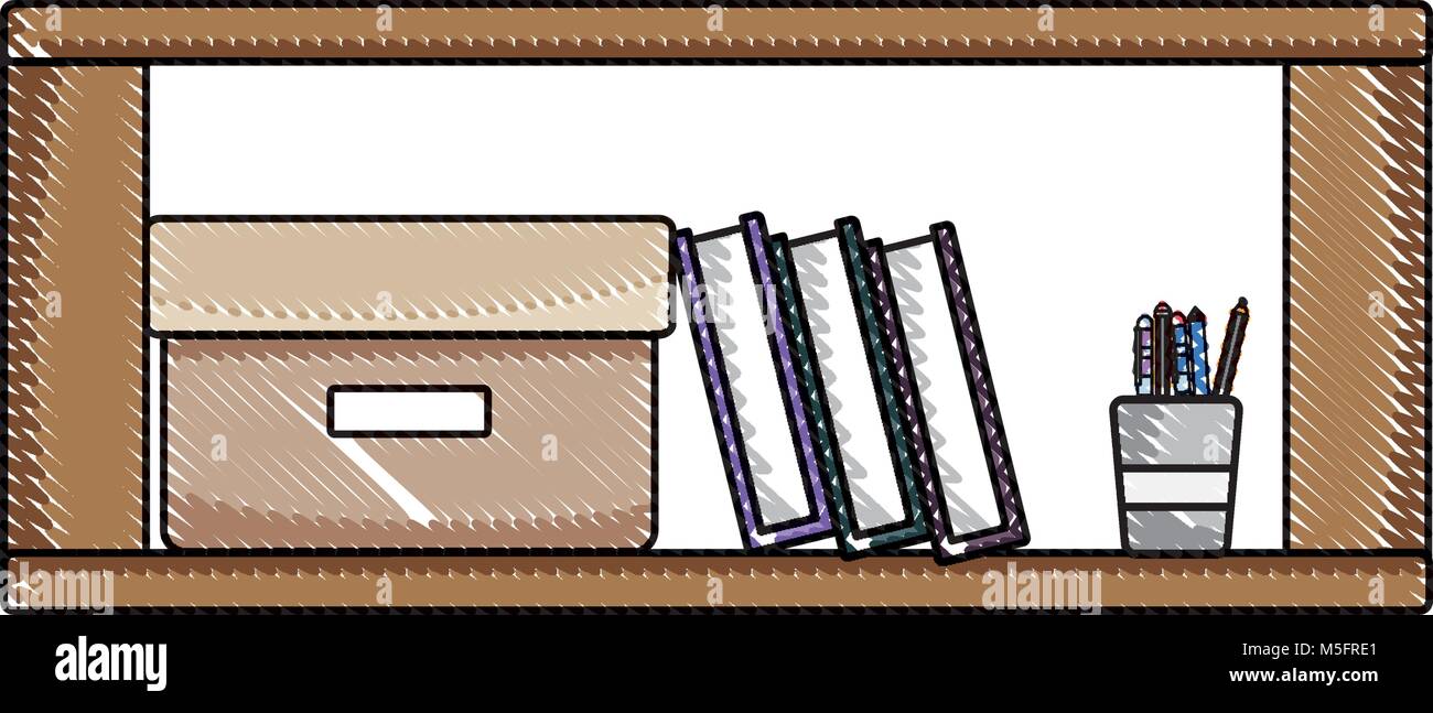 grated office wood shelf with books and box archive vector illustration ...
