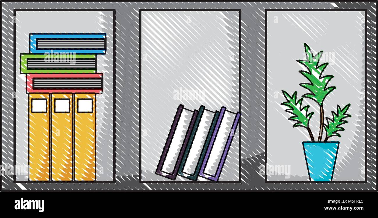 grated office wood shelf with books and plant vector illustration Stock ...