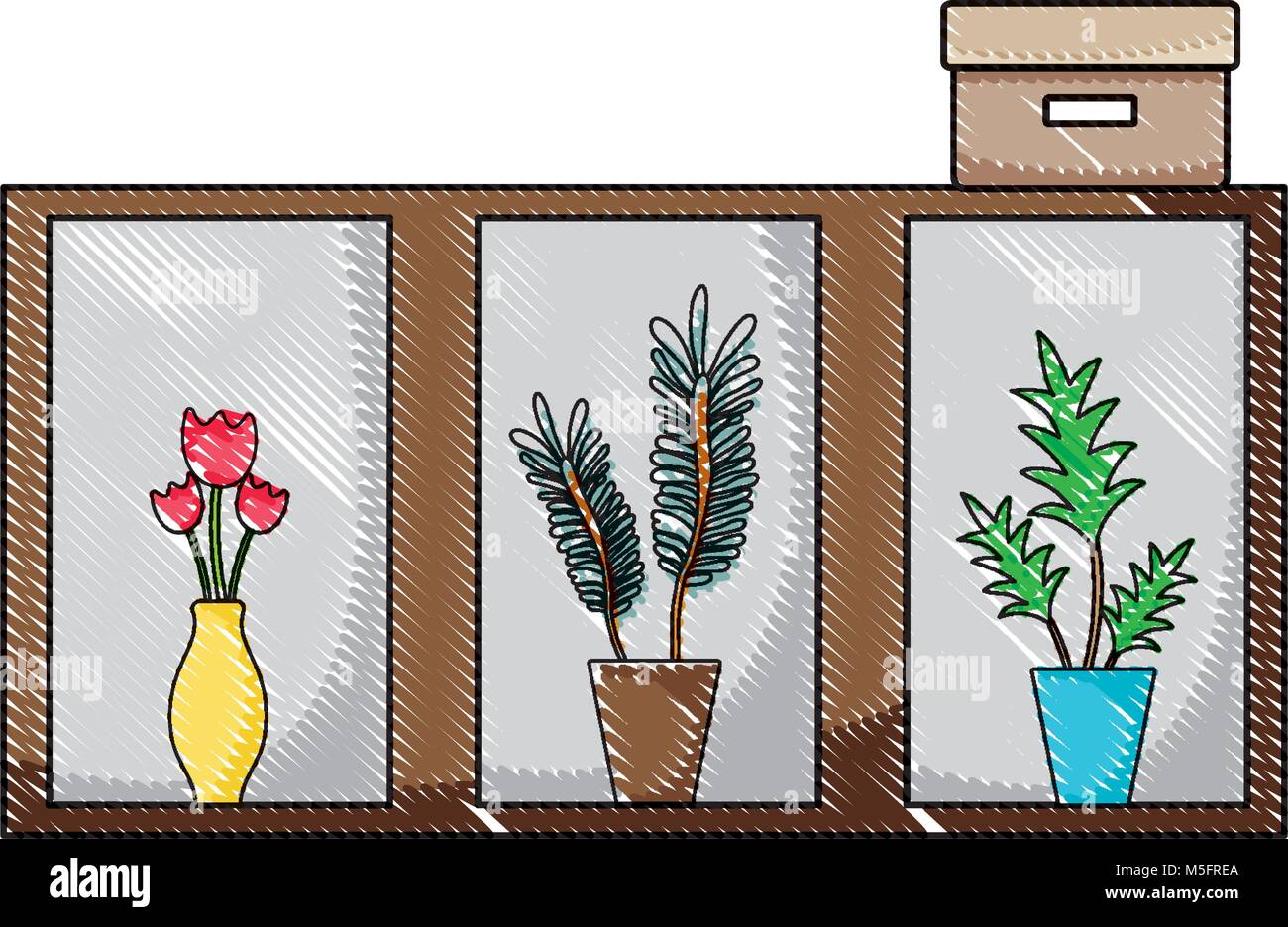 grated wood shelf with flowers inside jar and box archive vector ...