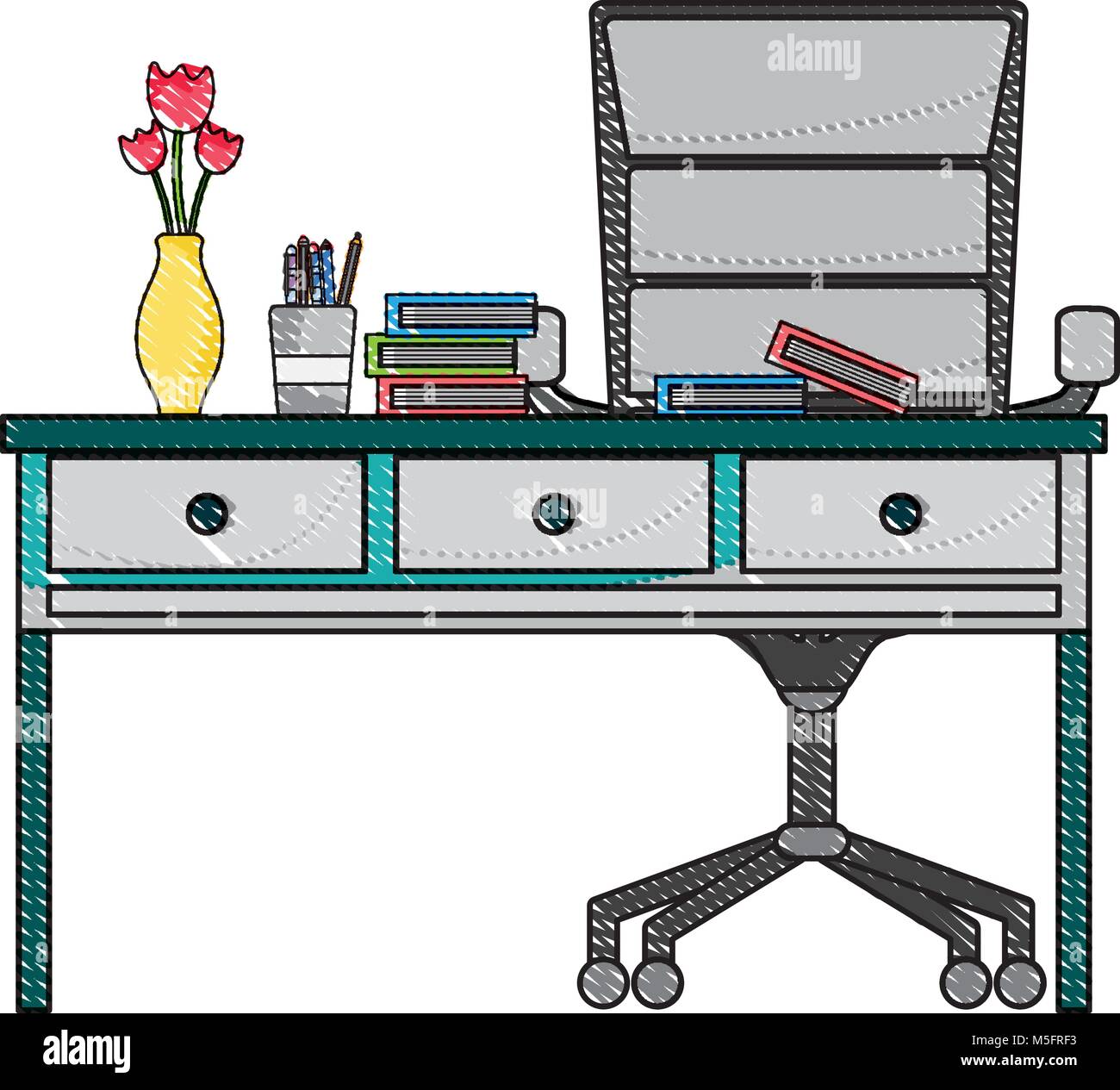 grated office wood desk with books and chairs vector illustration Stock ...