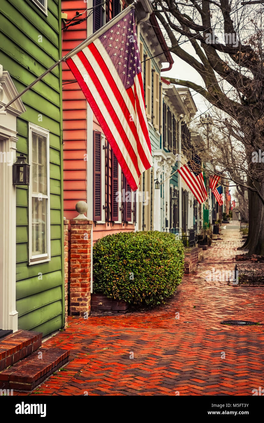 Flags waving on a cloudy day on a northern Virginia city street Stock ...