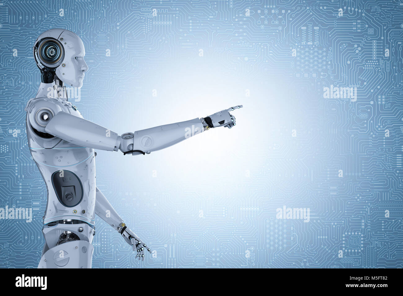 3d rendering humanoid robot hand pointing with circuit background Stock ...