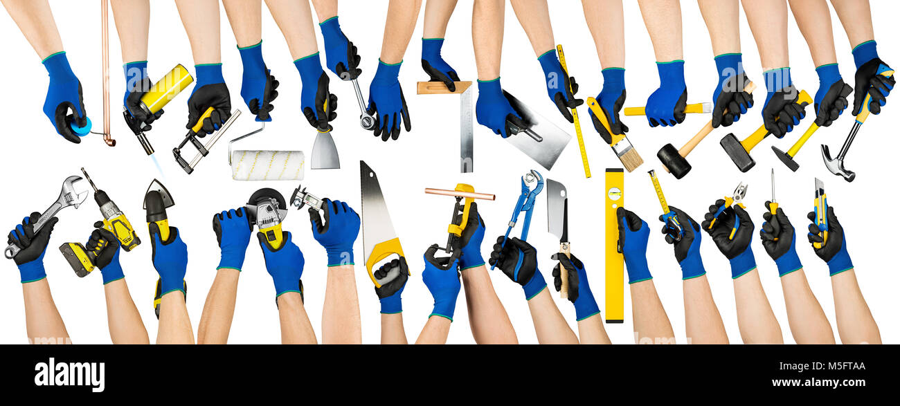 huge set collection of people hands holding up hand tools isolated on ...