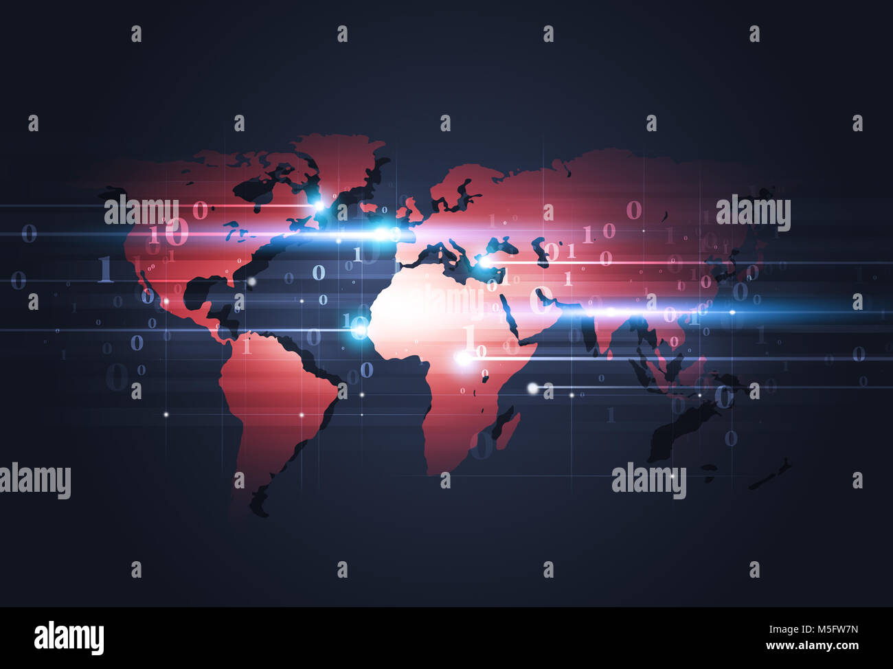 abstract technology binary code and world map on dark background Stock ...