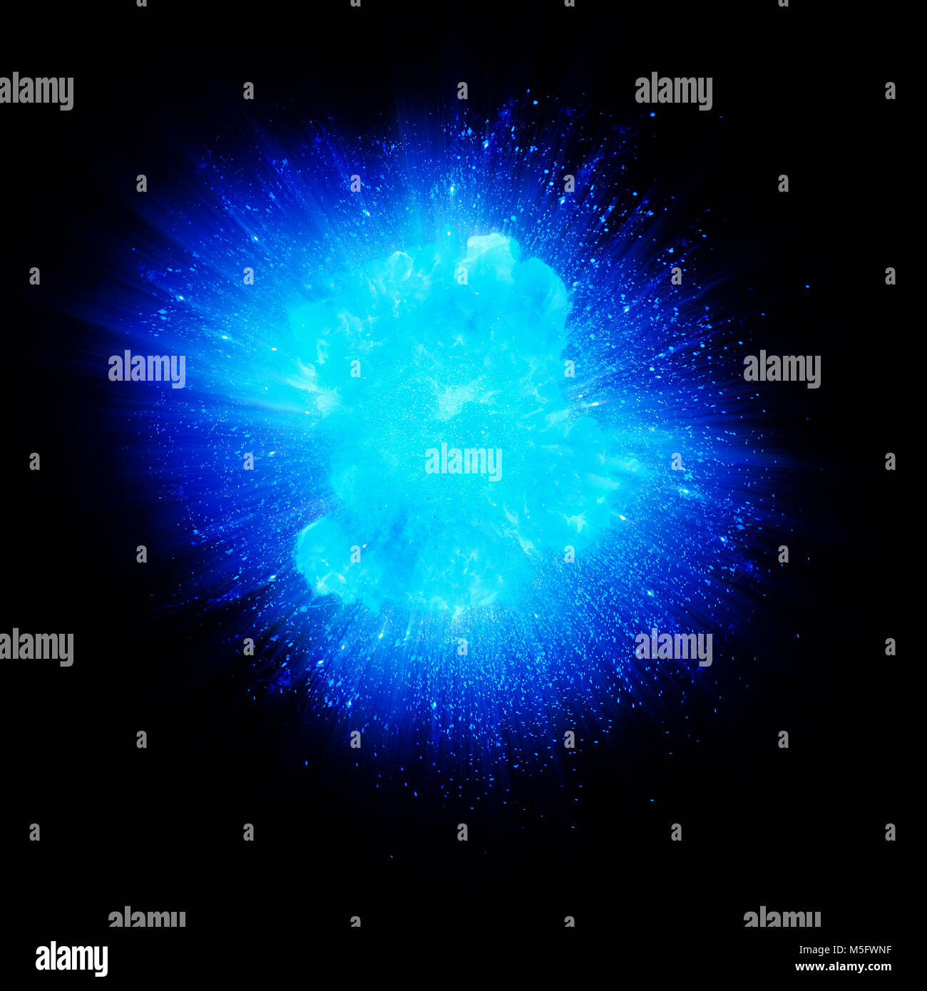 Blue fire round explosion with sparks and smoke isolated on black ...