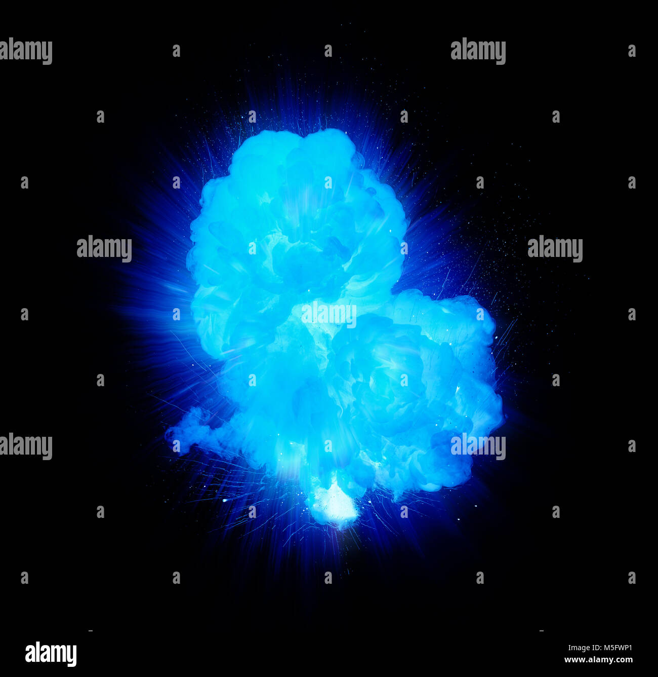 Blue fire explosion with sparks and smoke isolated on black background ...