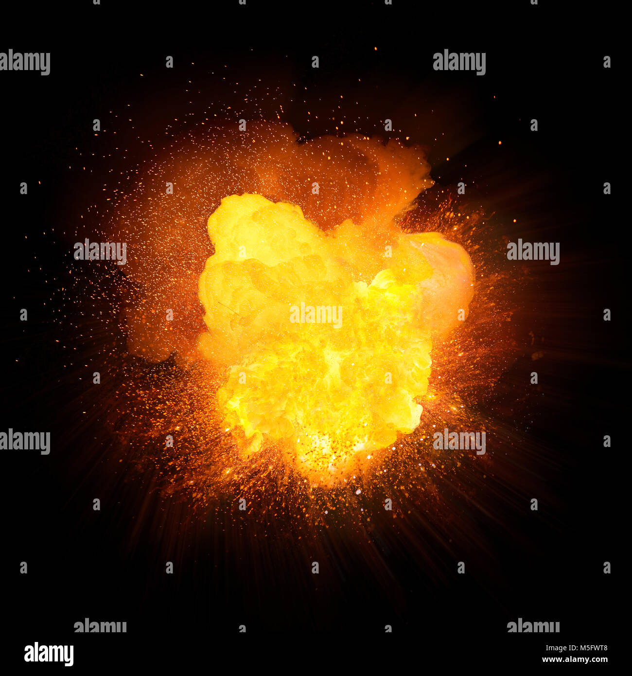 Realistic orange fiery explosion with sparks isolated on black ...