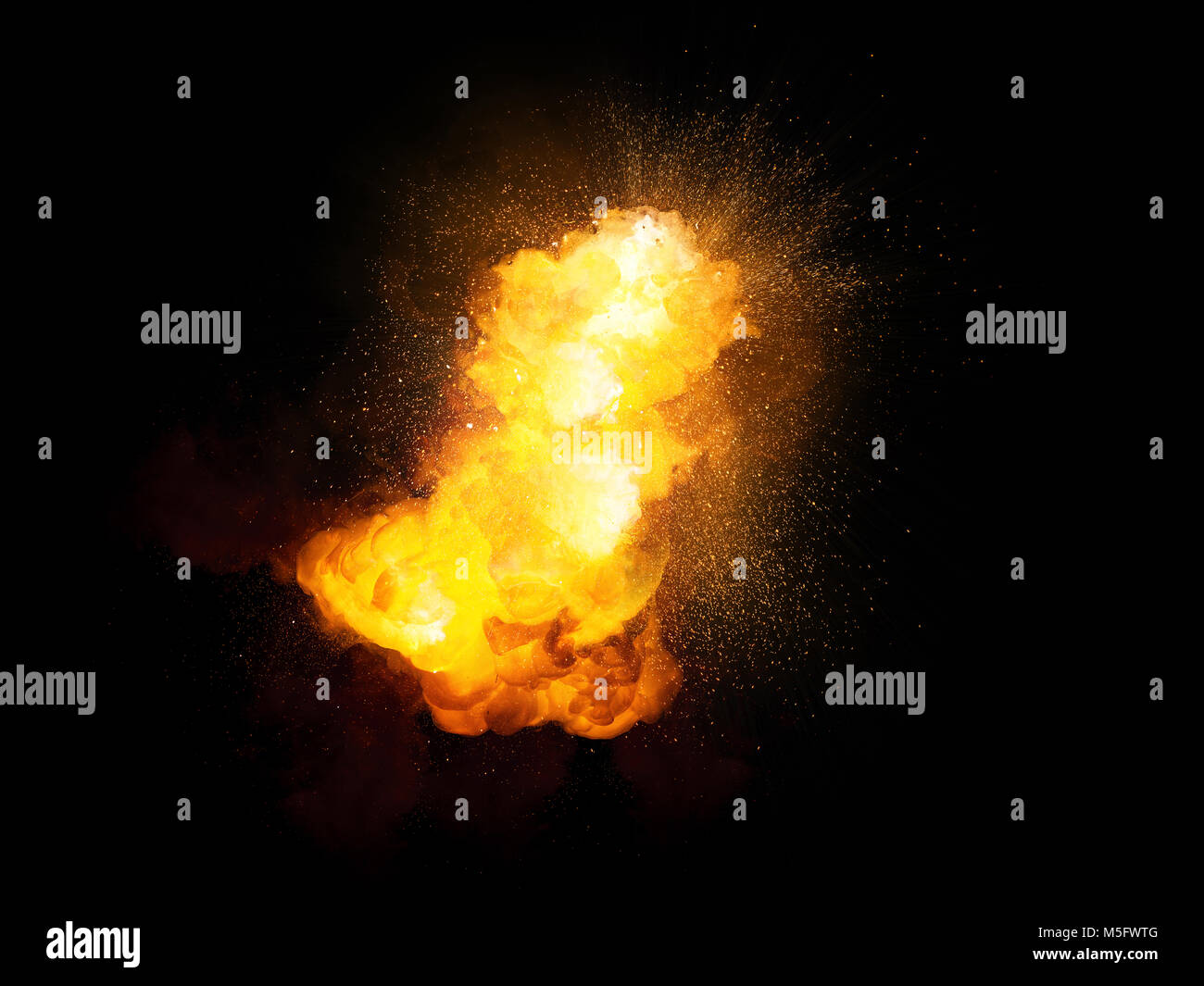 Realistic orange fiery explosion with sparks isolated on black ...