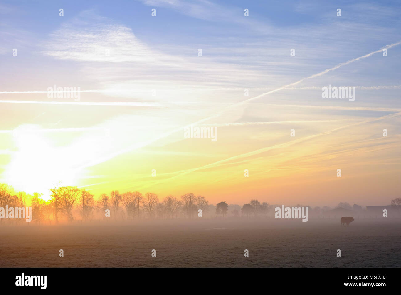Colorful hazy sunset in the fields with a cloudy sky Stock Photo - Alamy