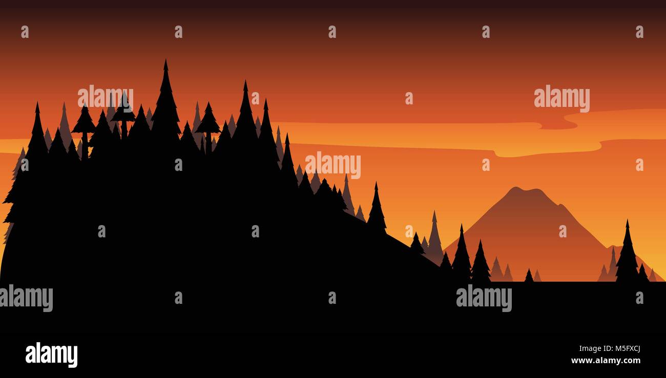 Cartoon sunrise in the wilderness forest and mountains Stock Vector ...