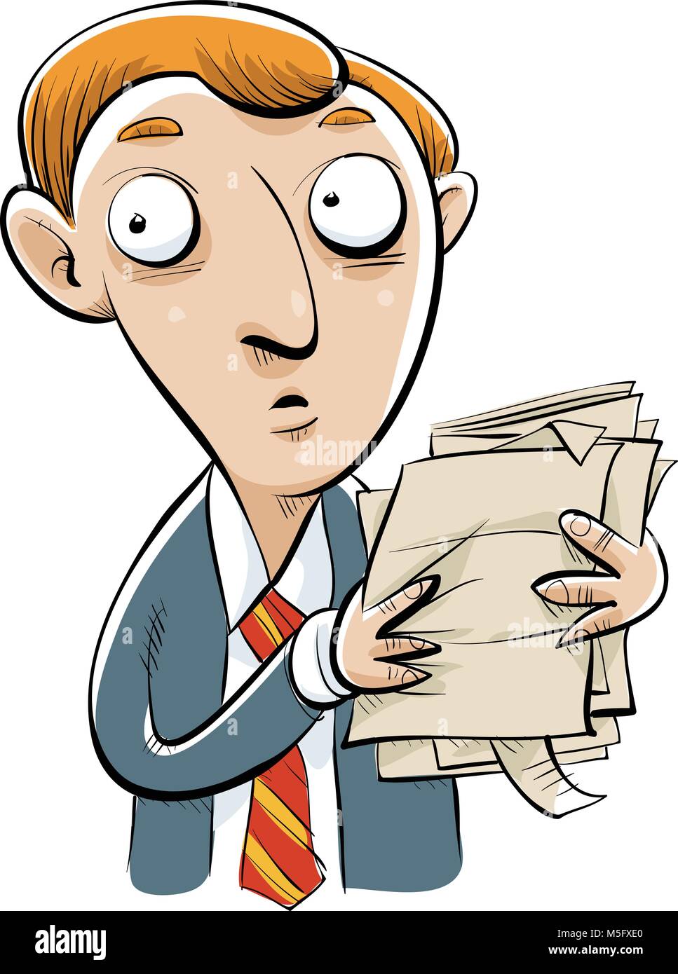 A worried cartoon businessman looking around while holding documents ...