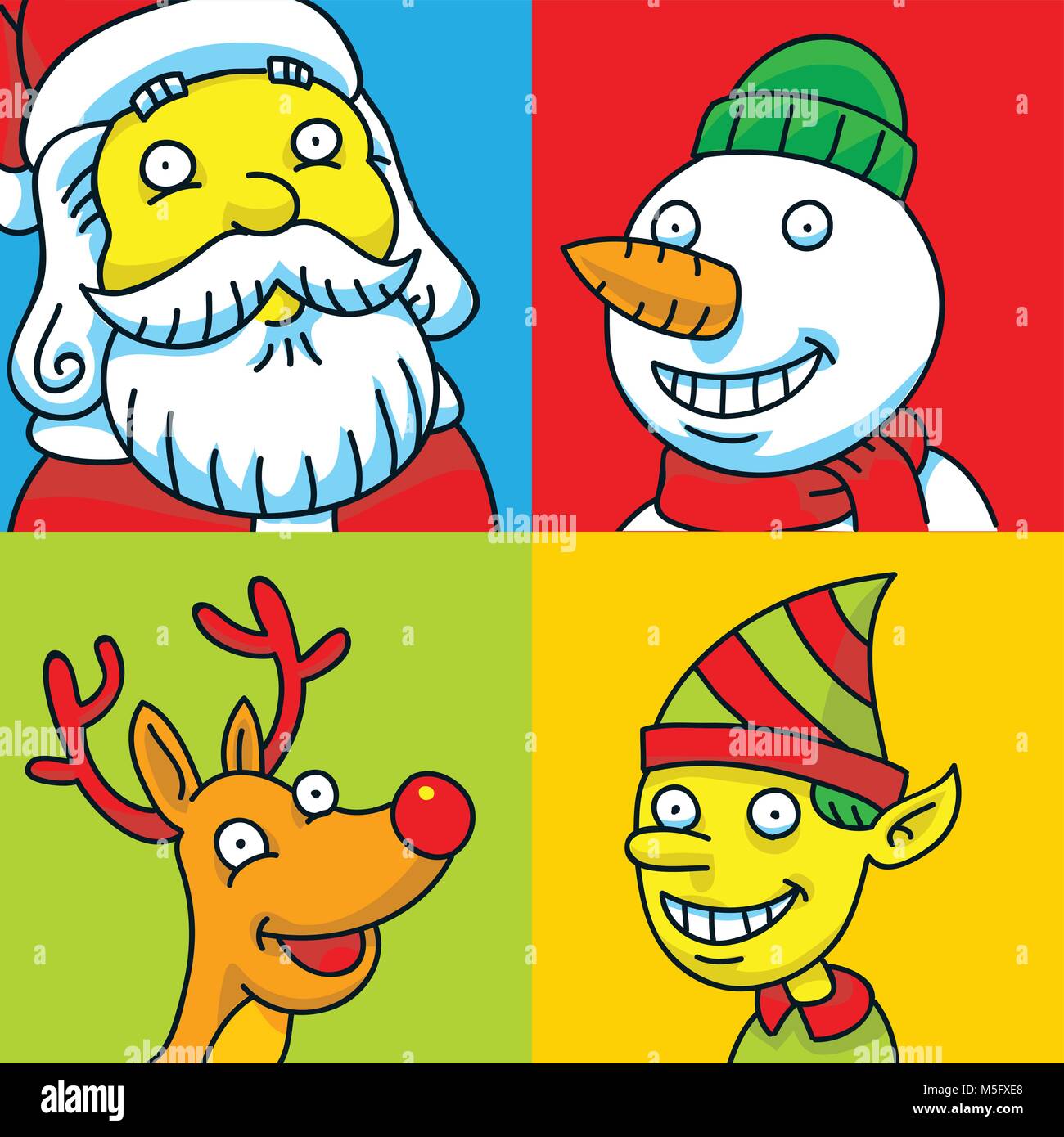 A group of four cartoon Christmas characters including Santa, a snowman ...