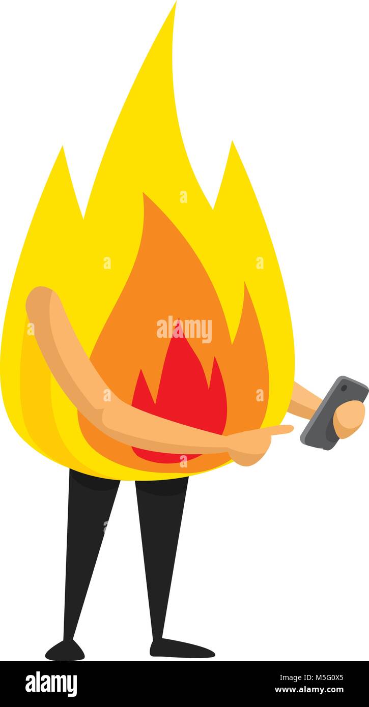 Cartoon illustration of fire flame using a mobile phone Stock Vector ...