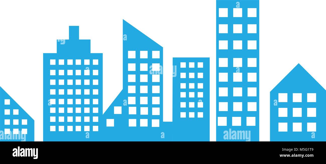 Blue City skyline and building icon line outline style isolated on ...