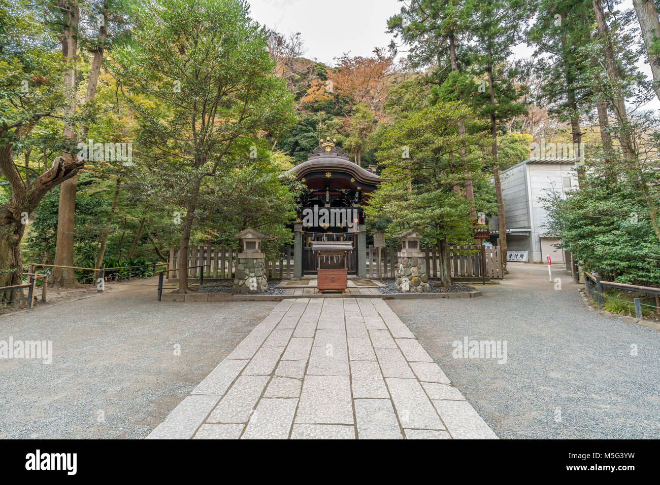 Shirahata Jinja (White Flag shrine). Black painted shinto sub shrine of ...