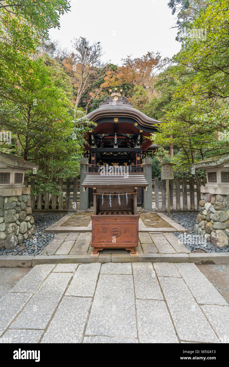 Shirahata Jinja (White Flag shrine). Black painted shinto sub shrine of ...