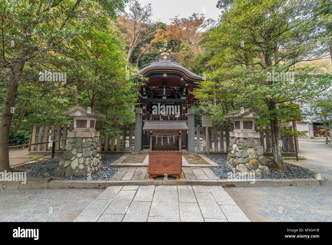 Shirahata Jinja (White Flag shrine). Black painted shinto sub shrine of ...