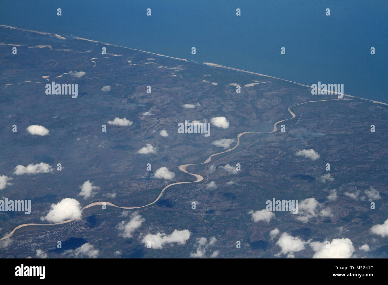 Aerial view of a dry river running inland taken from a plane, Coastline ...