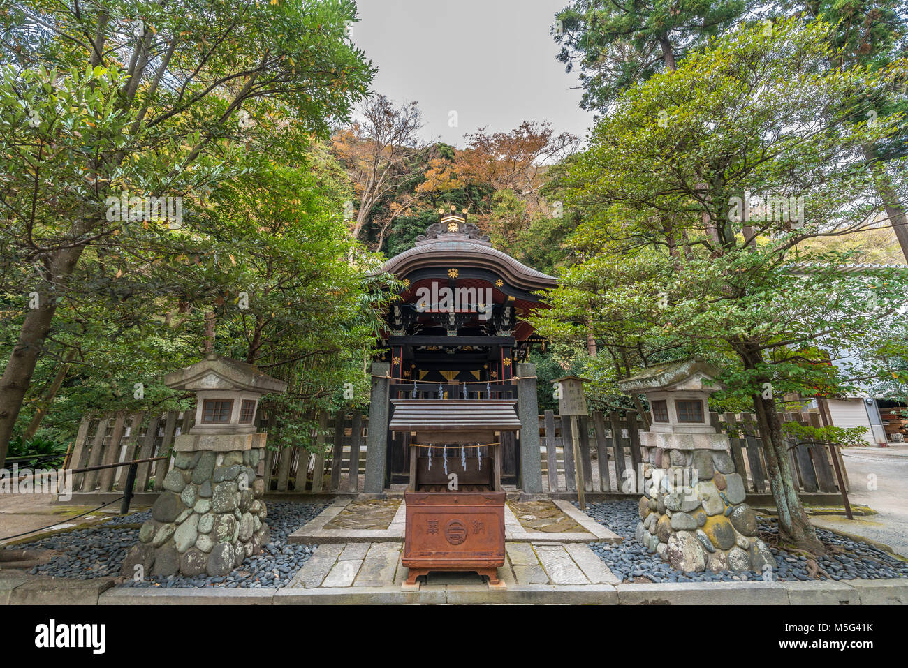 Shirahata Jinja (White Flag shrine). Black painted shinto sub shrine of ...