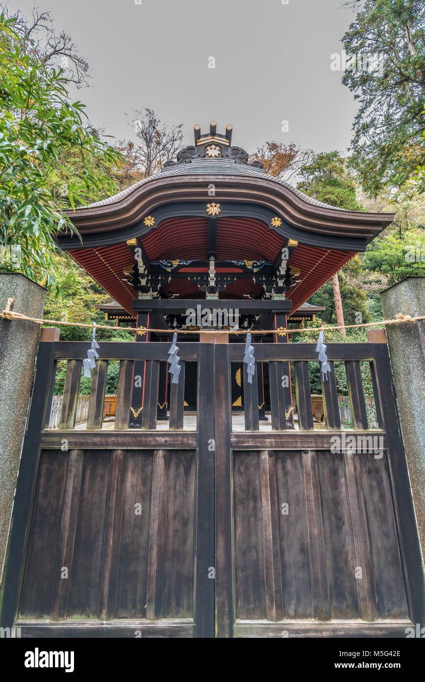 Shirahata Jinja (White Flag shrine). Black painted shinto sub shrine of ...