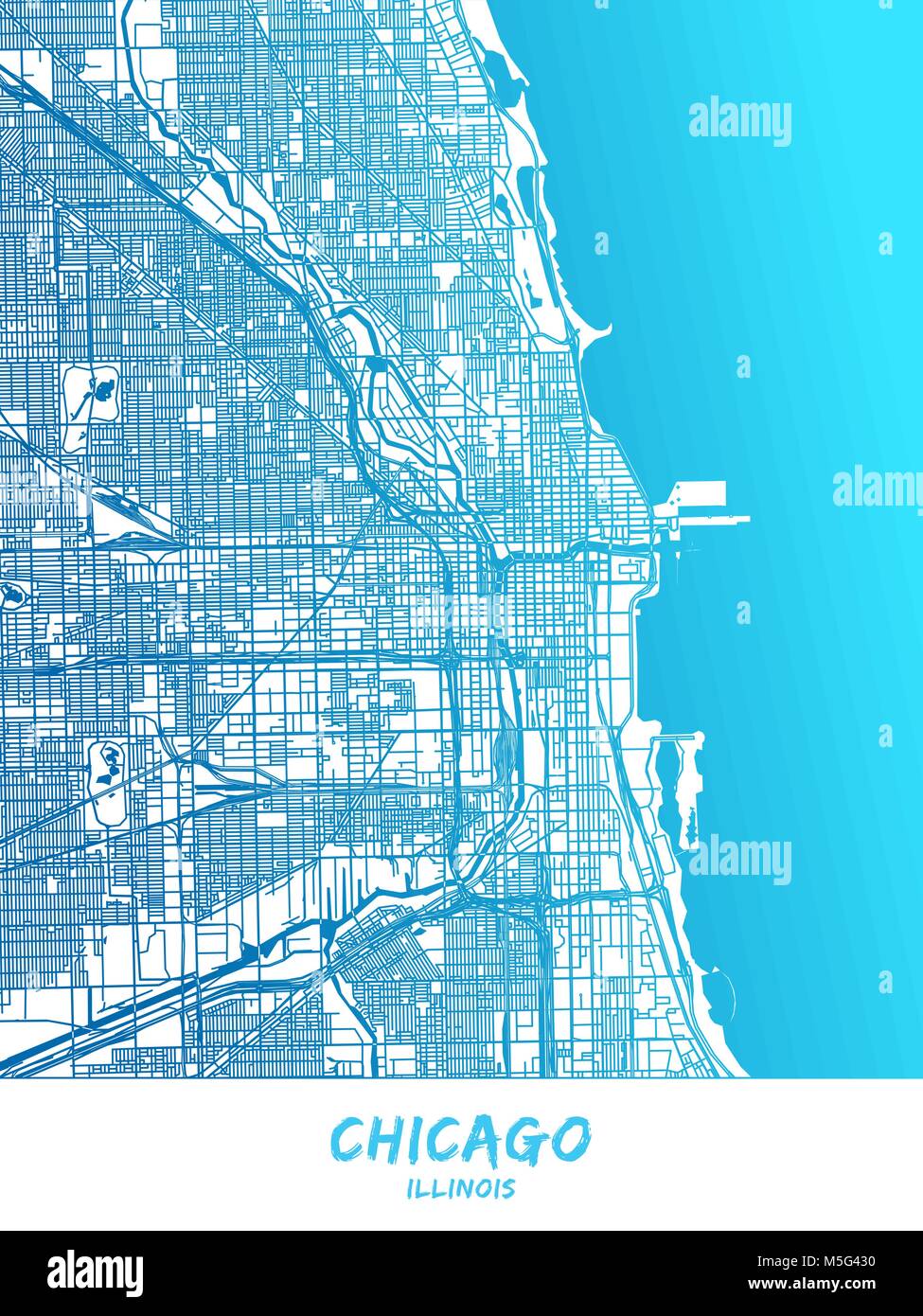 Chicago downtown and surroundings Map in blue shaded version with many ...