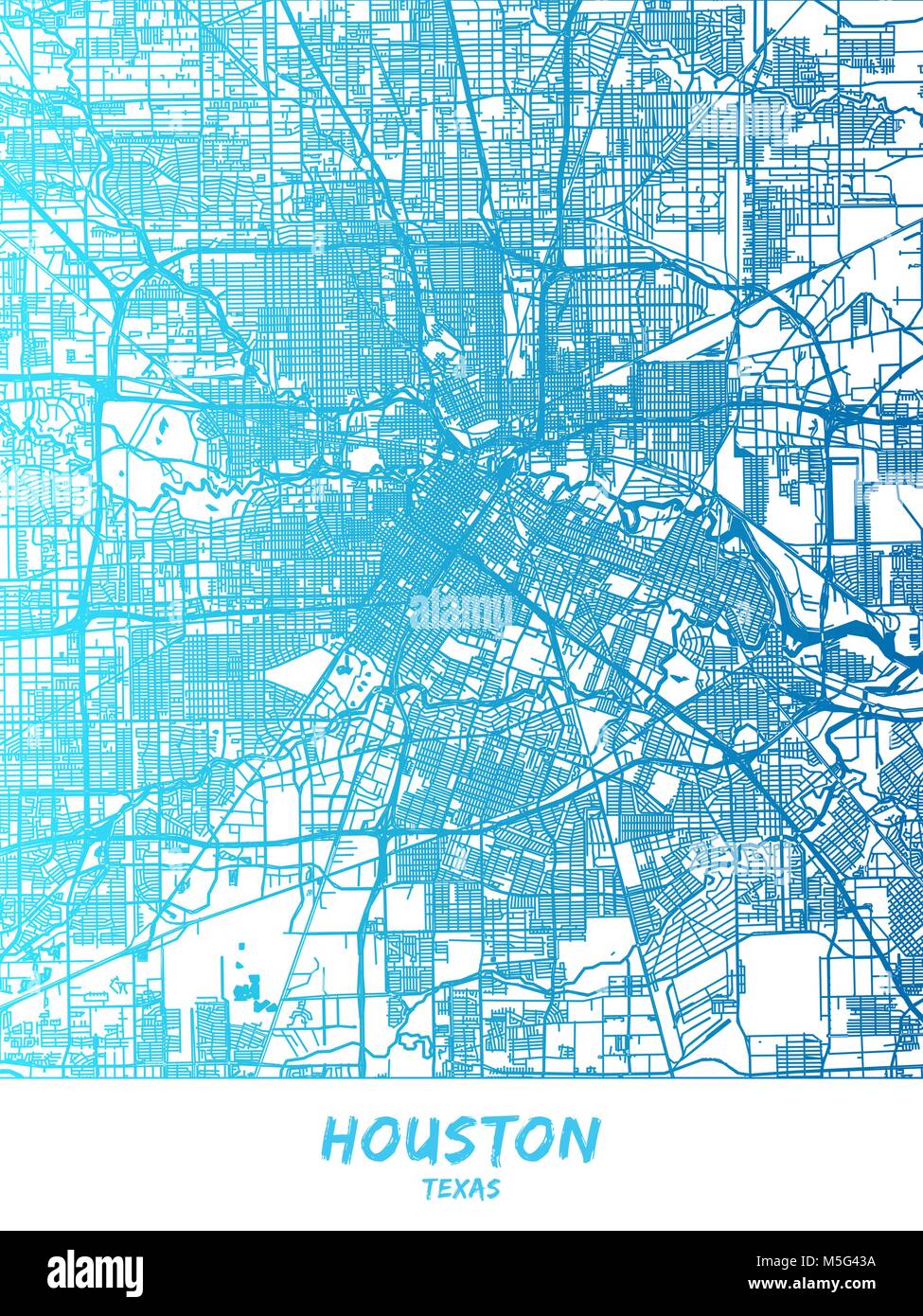 Houston downtown and surroundings Map in blue shaded version with many ...
