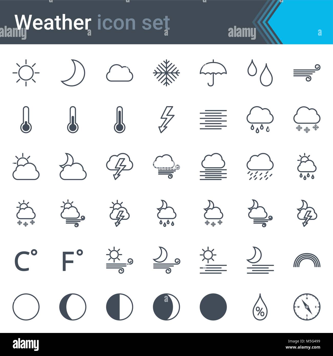 Weather line icon set - sun, moon phase, cloud, rain, snow, rainbow ...