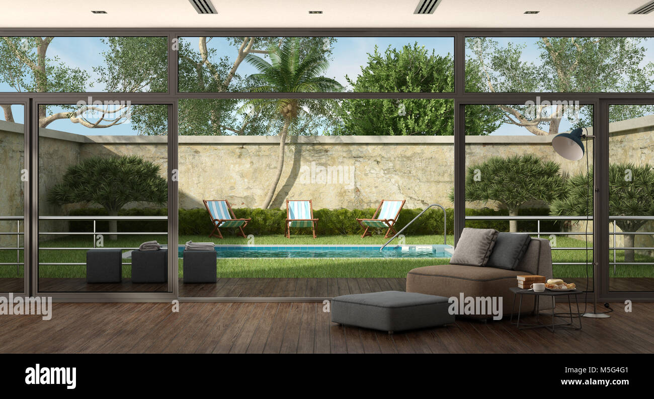 Living room of a villa overlooking the garden with small pool - 3d ...