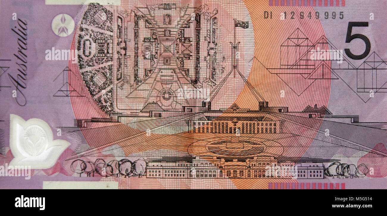 Close-up of the reverse side of the Australian five (5) -dollar note ...