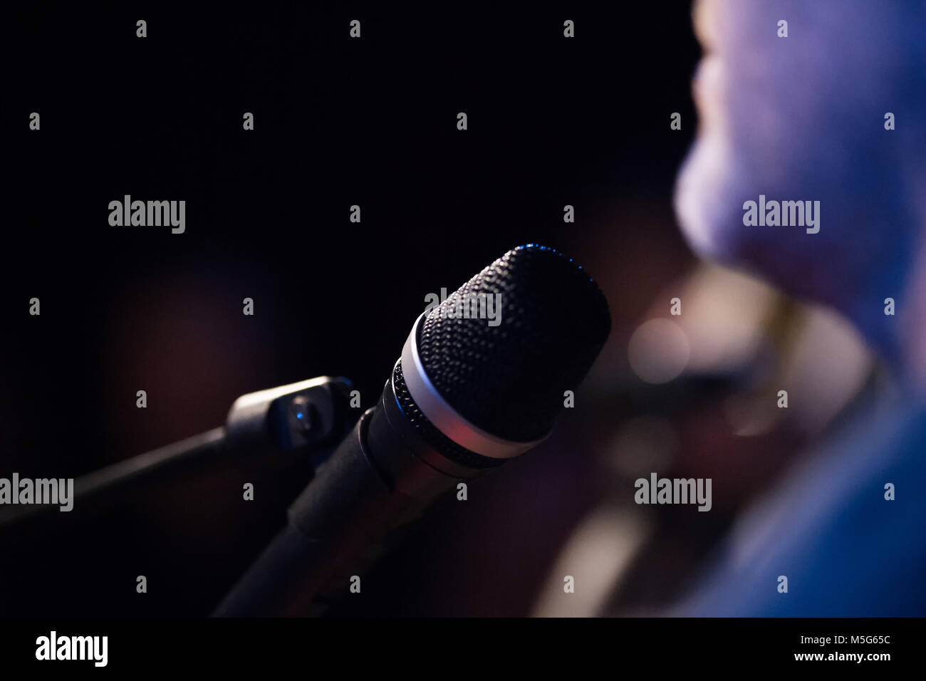 Musician and microphone at rock-concert, horizontal Stock Photo - Alamy
