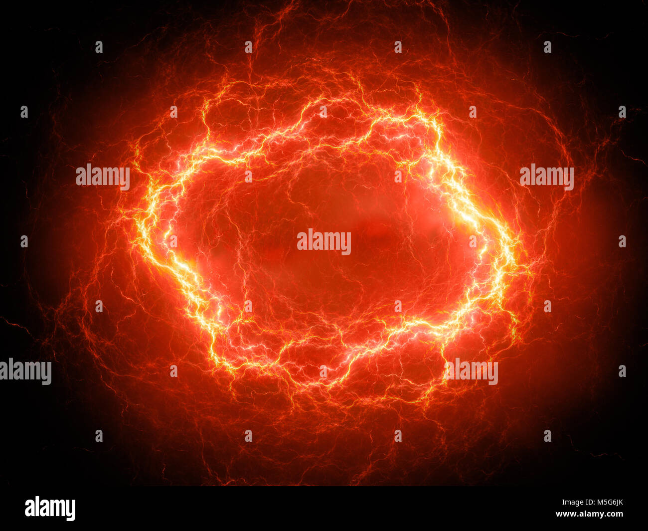 Fiery glowing spherical high energy plasma lightning in space, computer generated abstract ...