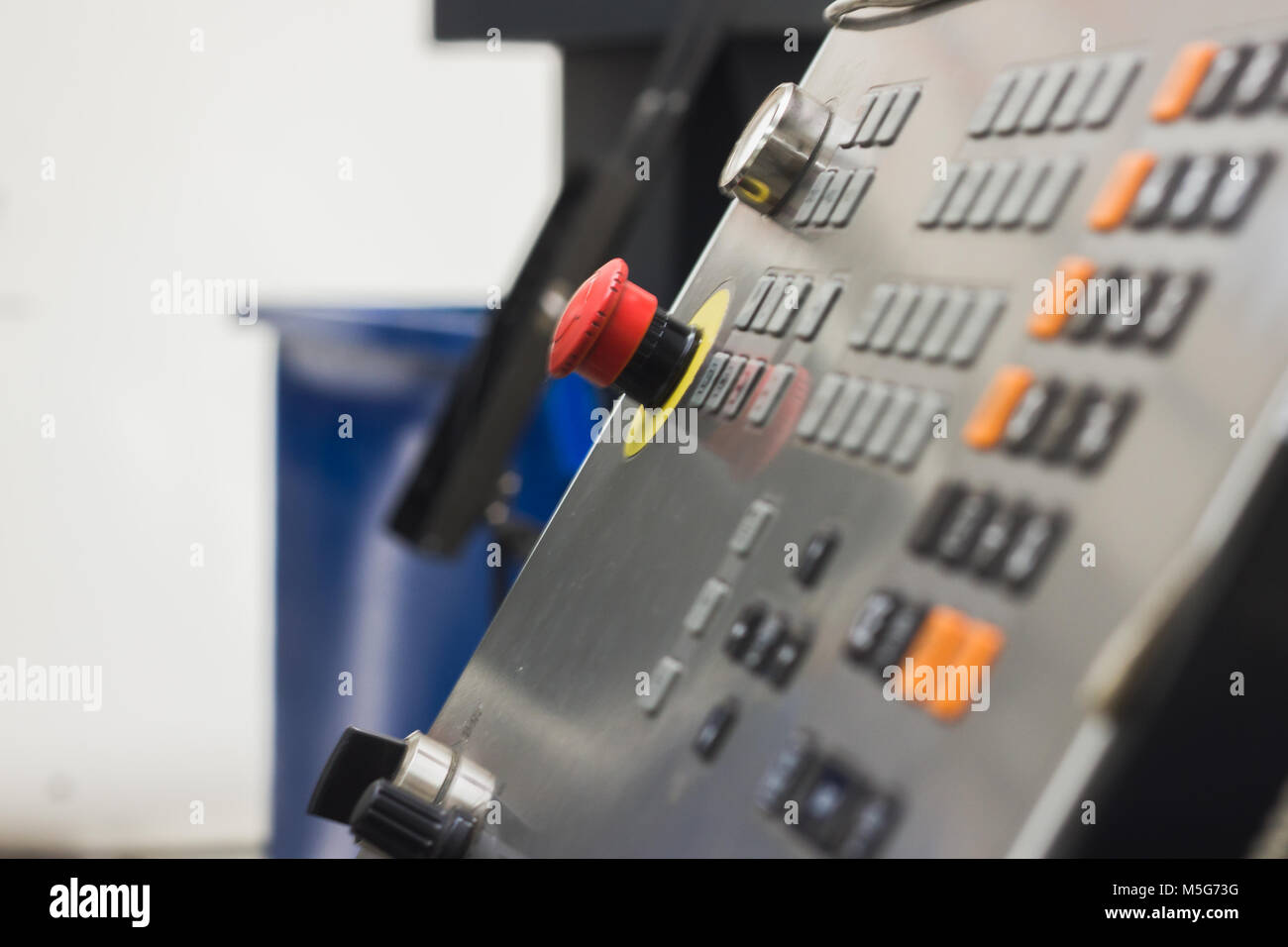 Red button of control panel machine processing metal, industrial ...