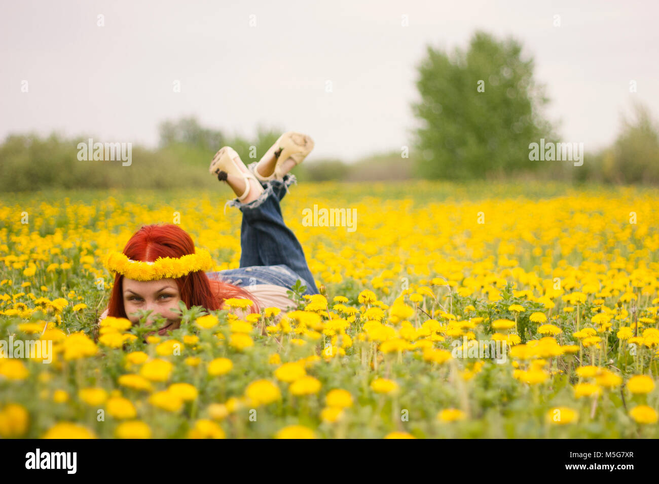 A girl looks out from under the flowers, lying on a flower field Stock ...