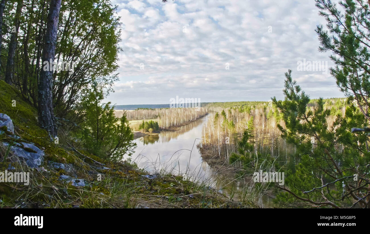Panaramic veiw of mountain river landscape Chusovaya in siberia, Ural ...