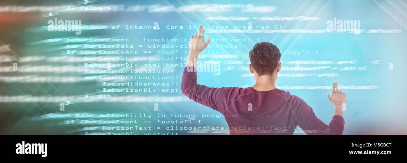 Composite image of rear view of businessman using invisible interface ...